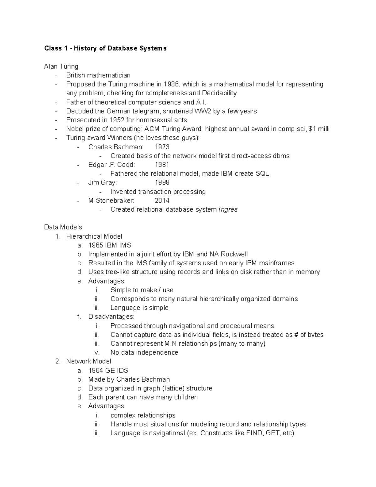 COMP3005 Notes - Class 1 - History of Database Systems Alan Turing ...