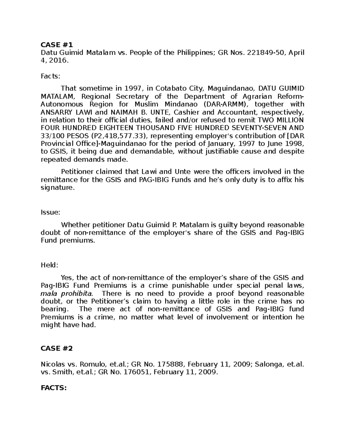 Compiled-Criminal-Cases - CASE Datu Guimid Matalam vs. People of the ...