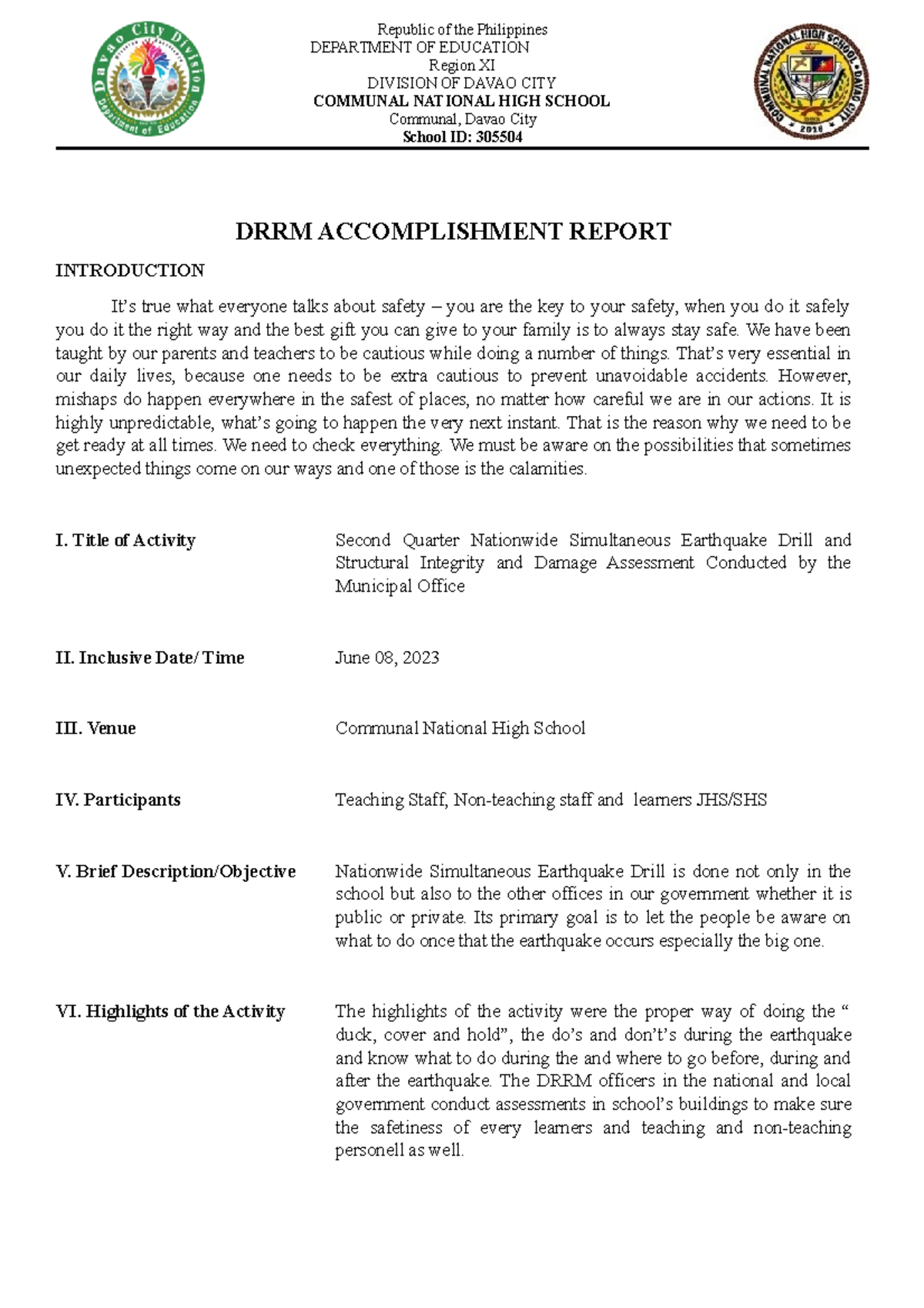 Accomplishment DRRM - NOTES - Republic of the Philippines DEPARTMENT OF ...