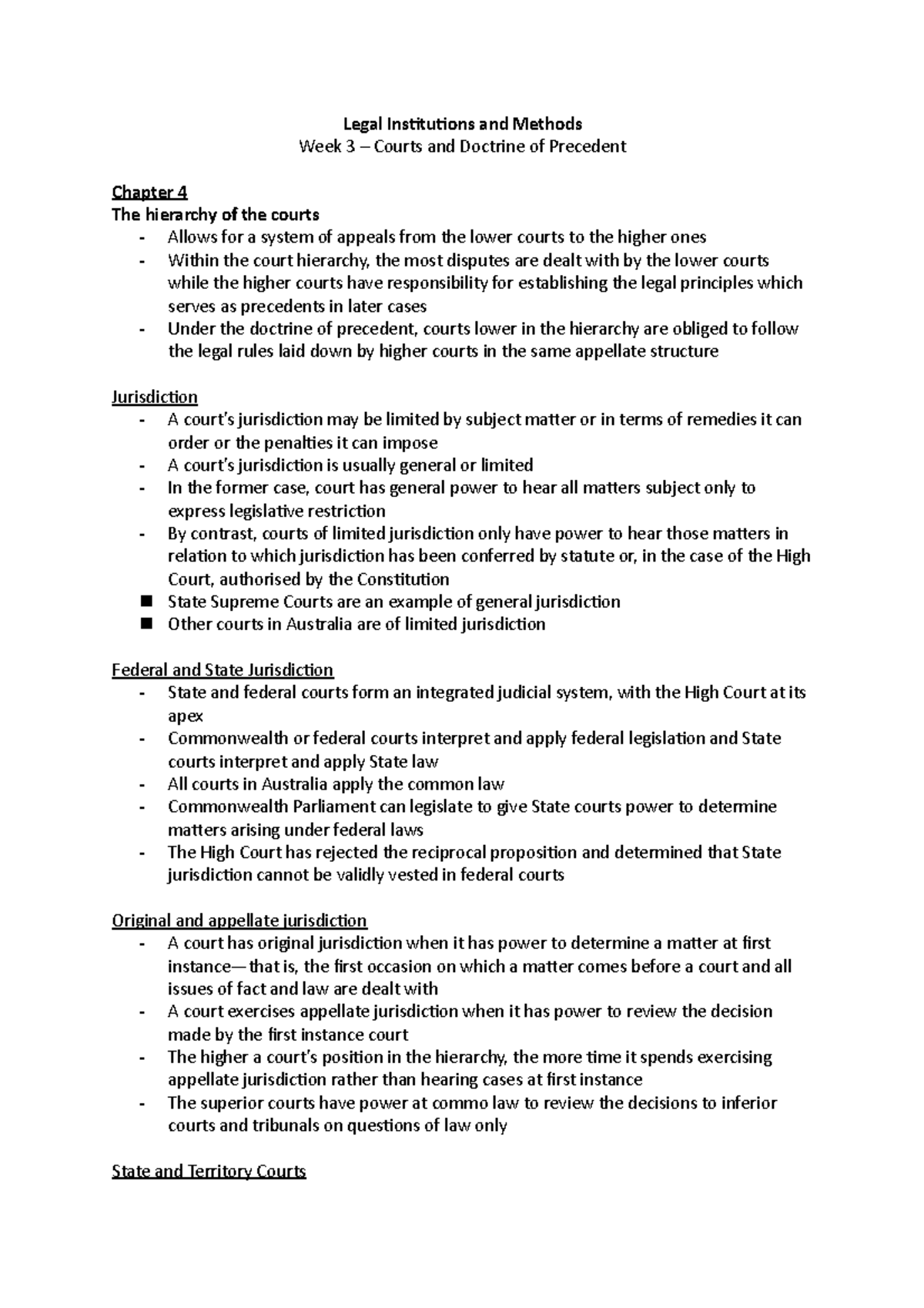 Week 3 - Courts and Doctrine of Precedent - Legal Institutions and ...