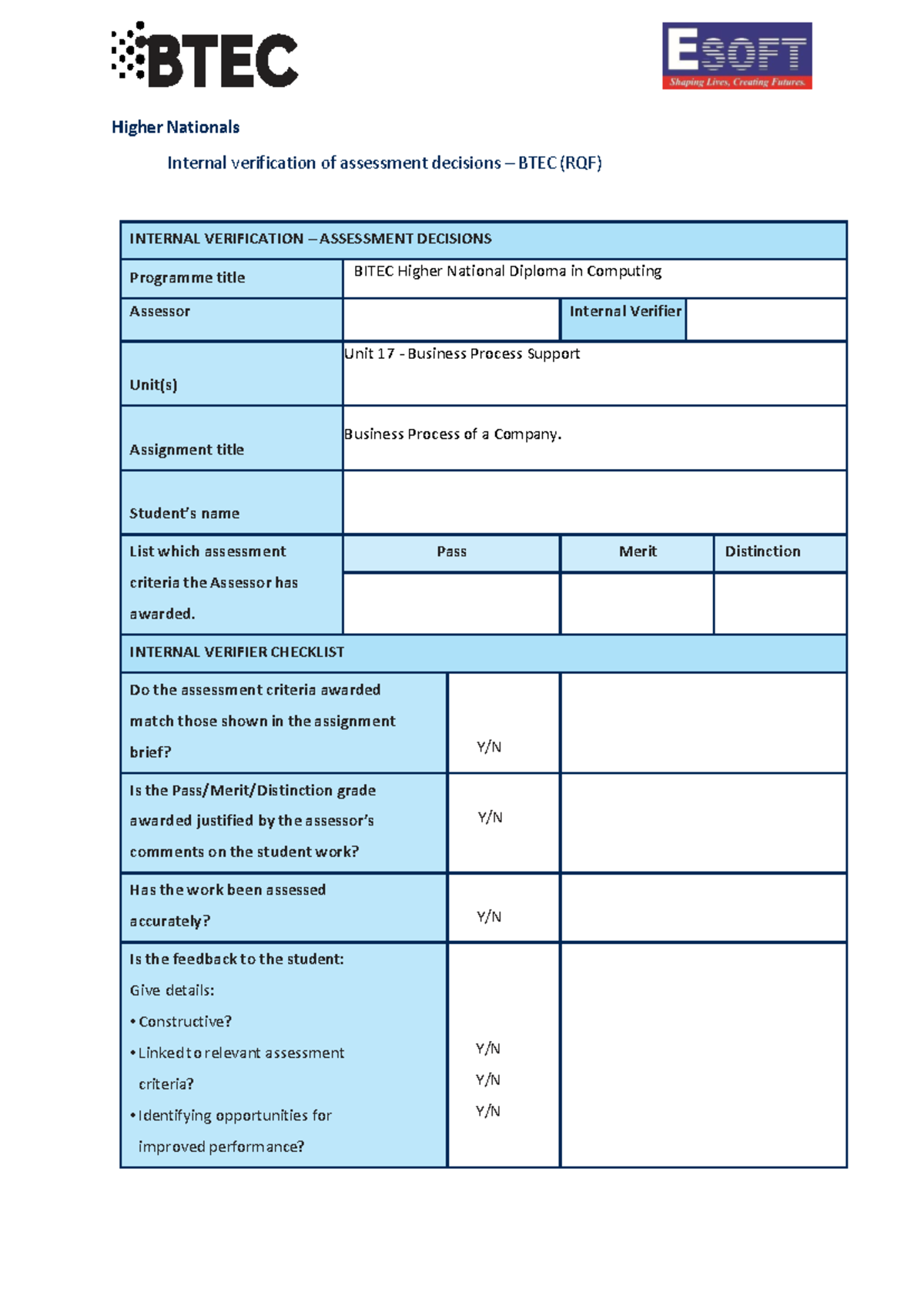 Sample BPS Pass level Business Process Support - Higher Nationals ...