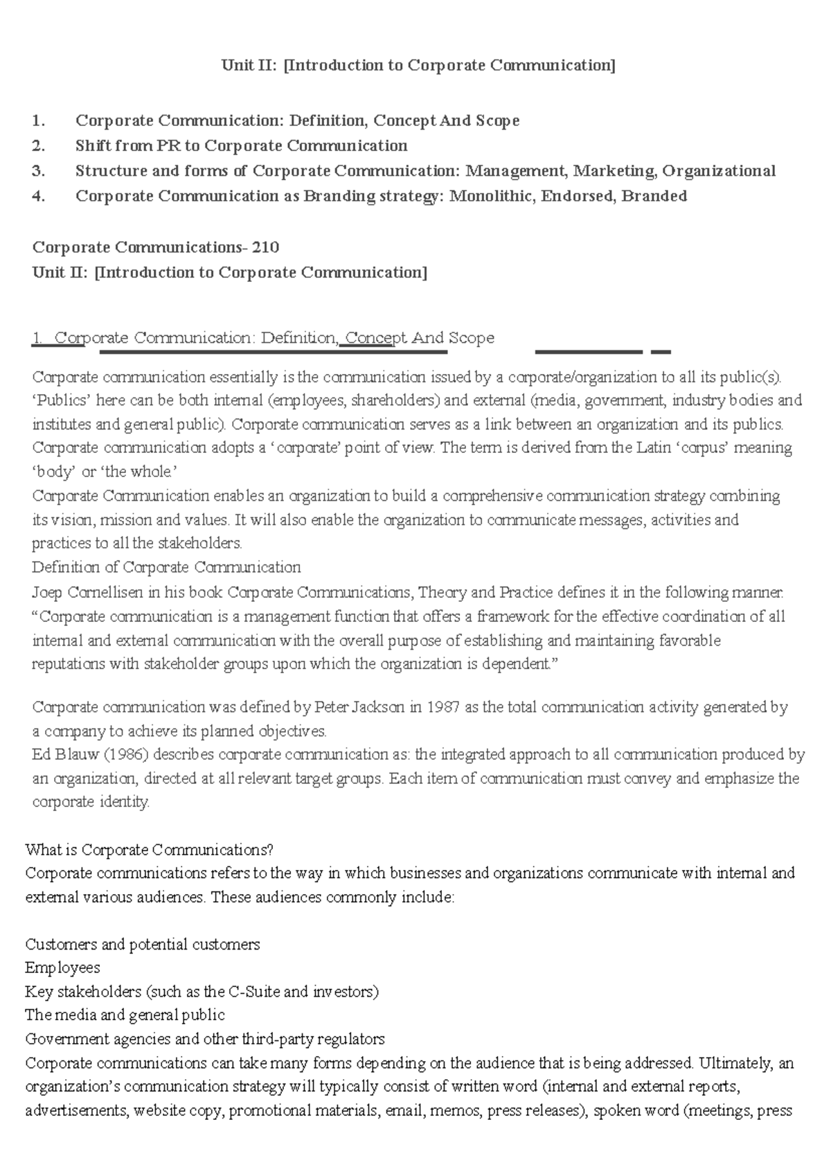 210 Notes UNIT 2 - Corporate communication - Unit II: [Introduction to ...