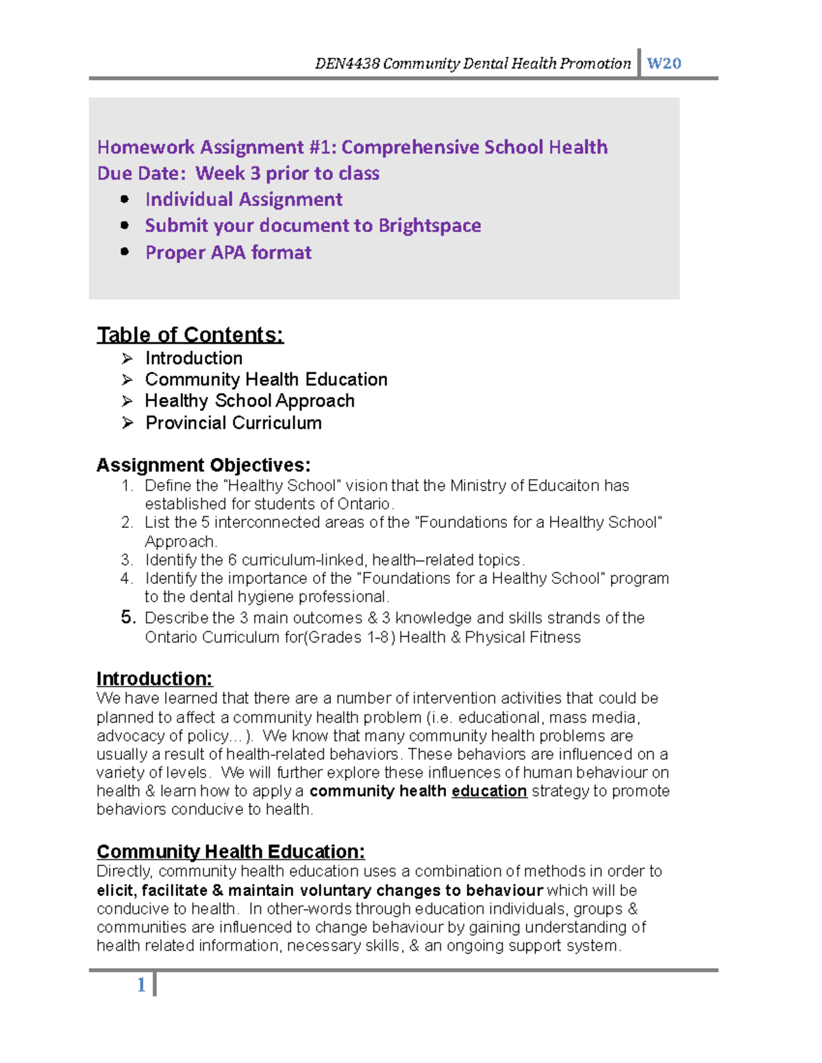 CDHP Homework#1 - Comprehensive School Health - W20 1 - DEN4438 ...