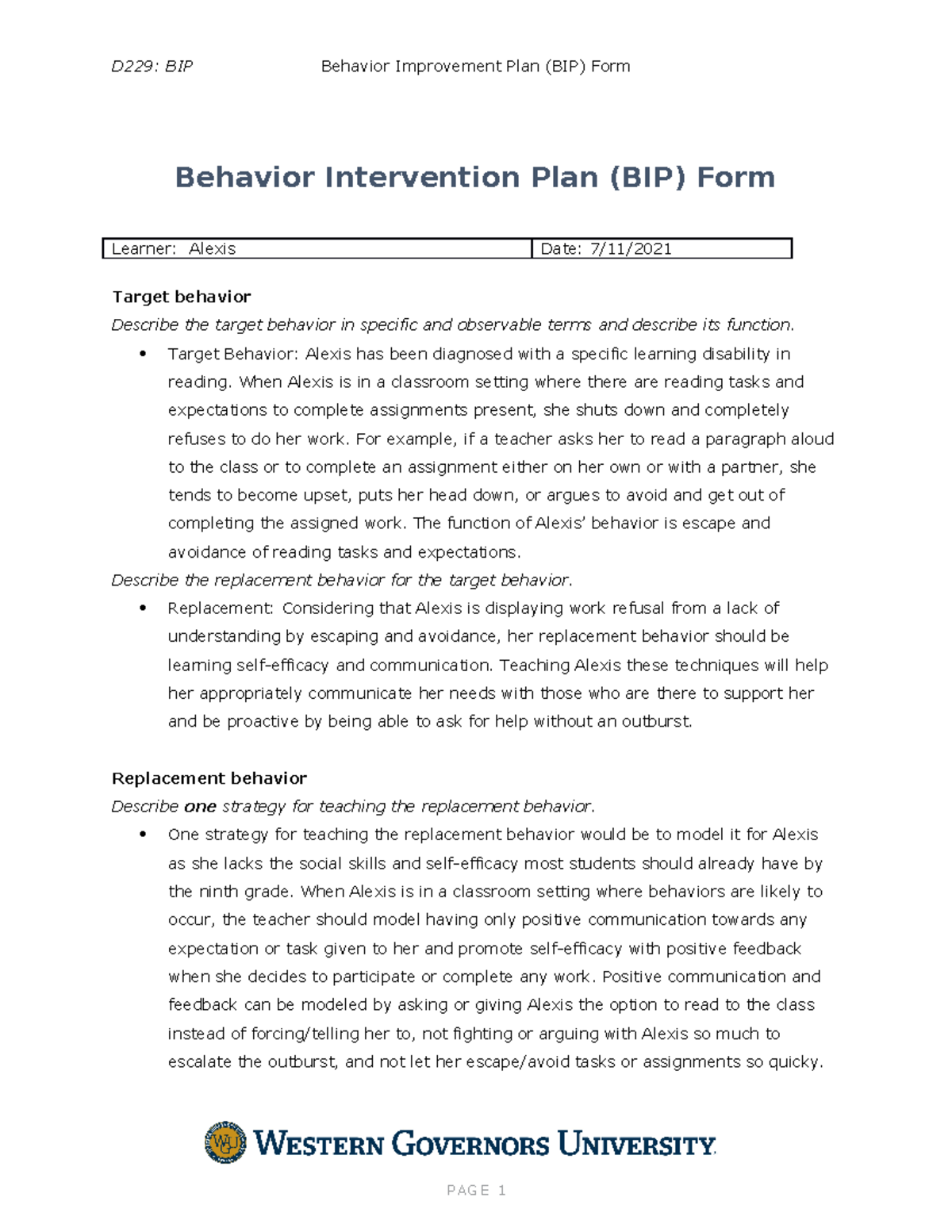 Behavior Intervention Plan - D001 - Behavior Intervention Plan (BIP ...