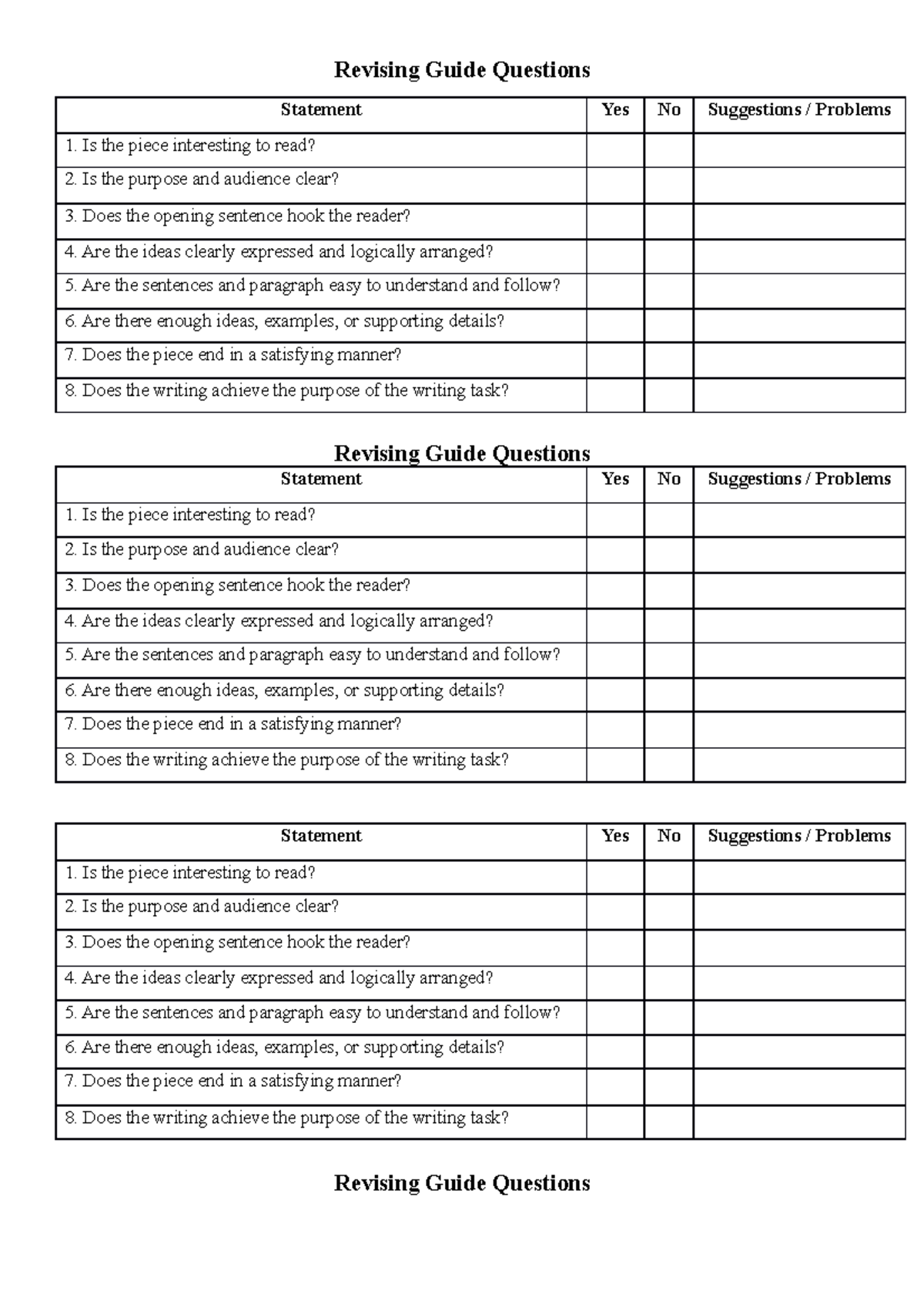 Revising Guide Questions - Revising Guide Questions Statement Yes No ...