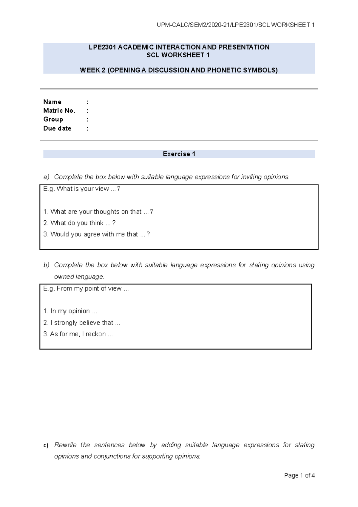 LPE2301 SCL Worksheet 1 - LPE2301 ACADEMIC INTERACTION AND PRESENTATION ...