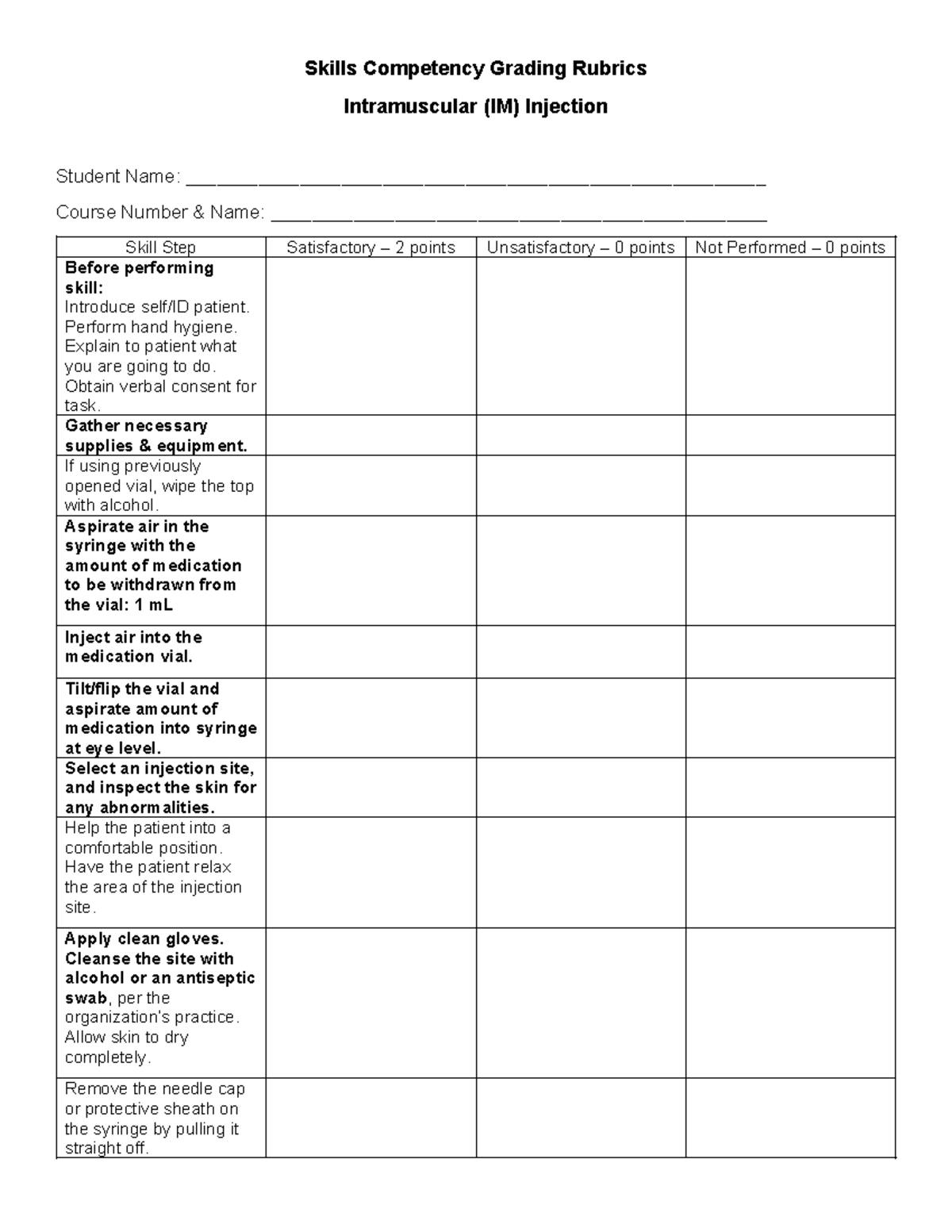 Skills Competency IM Injection Grading Rubric - Skills Competency ...