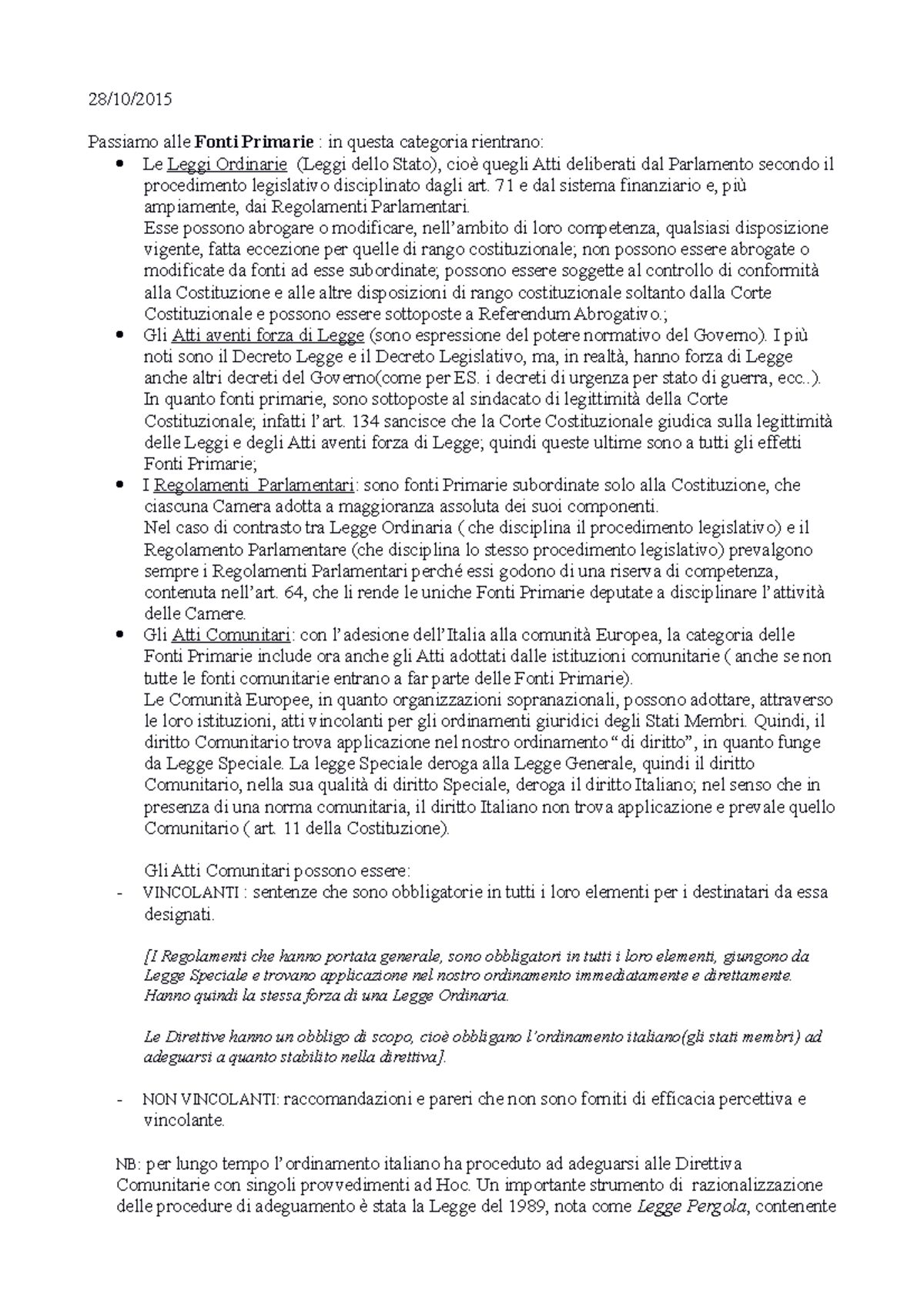 fonti primarie, fonti secondarie e riserva di legge - 28/10/2015 ...