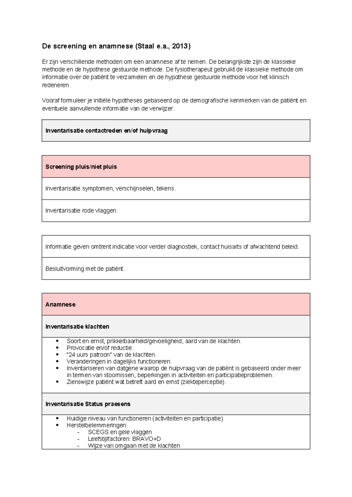 Screening en Anamnese Formulier - De screening en anamnese (Staal e ...
