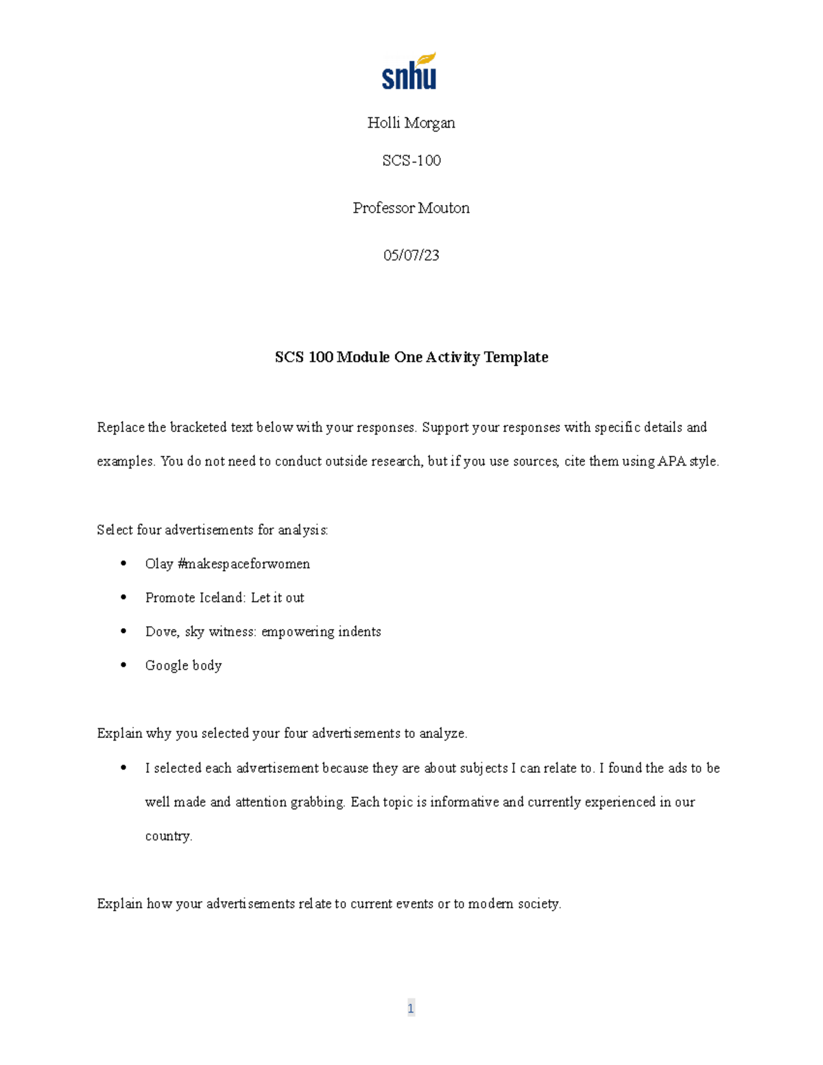 SCS 100 Module One Activity Holli Morgan - Holli Morgan SCS- Professor ...