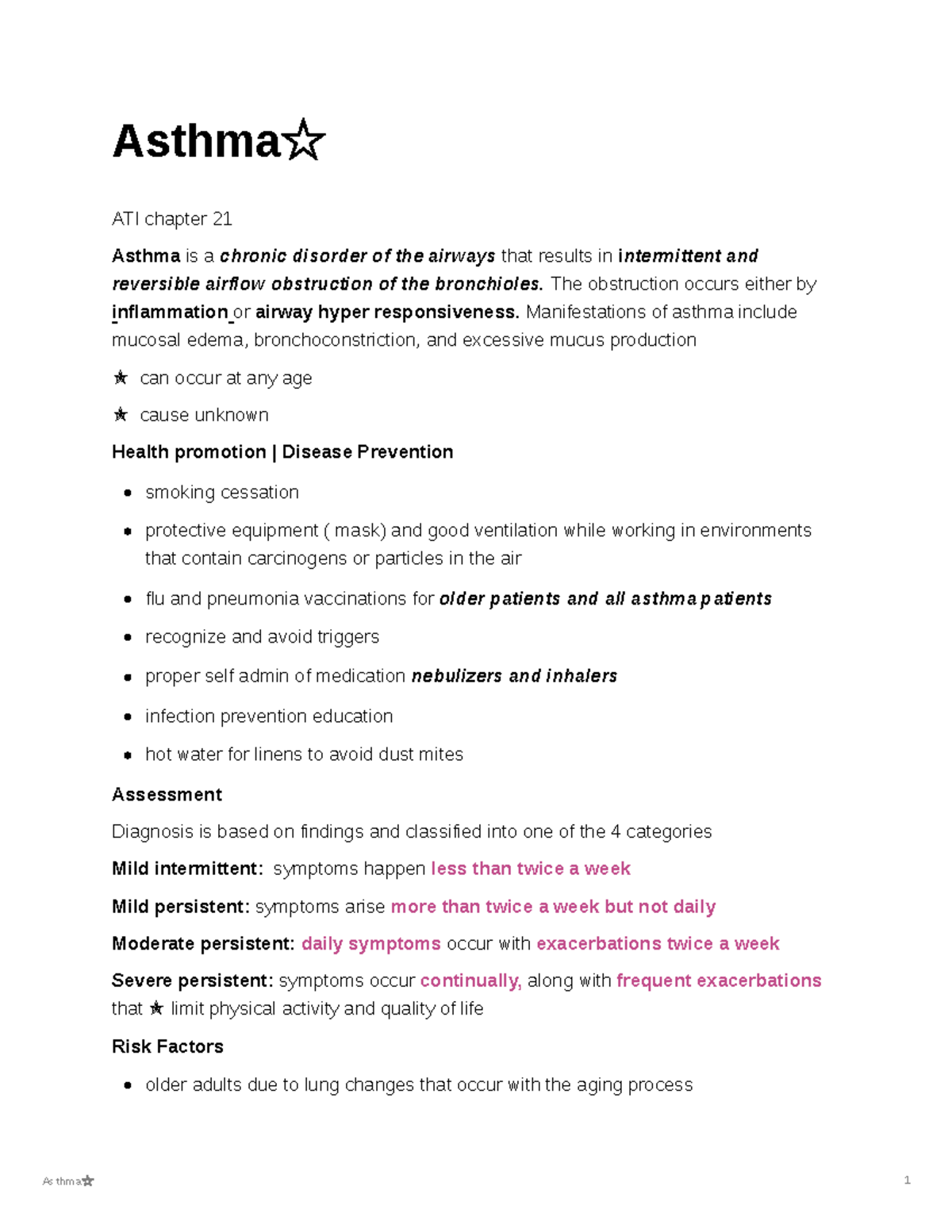 Asthma notes medsurg 1 - Asthma☆ ATI chapter 21 Asthma is a chronic ...