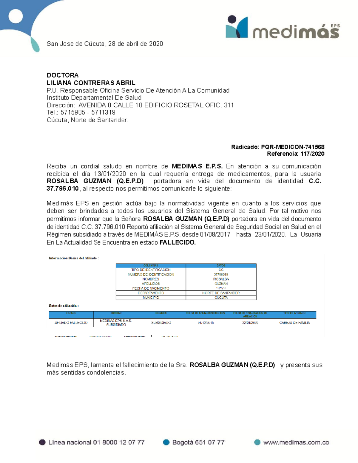 PQR- Medicon-741568 Rosalba Guzman CC 37796010 Fallecido - San Jose de ...