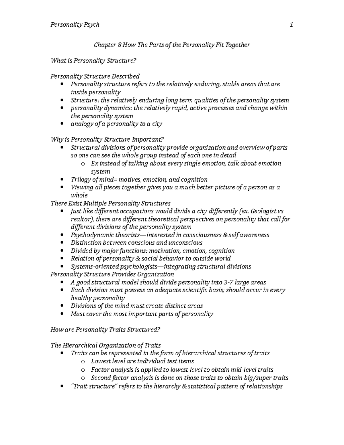 Chapter 8 book notes - Personality Psych 1 Chapter 8 How The Parts of ...