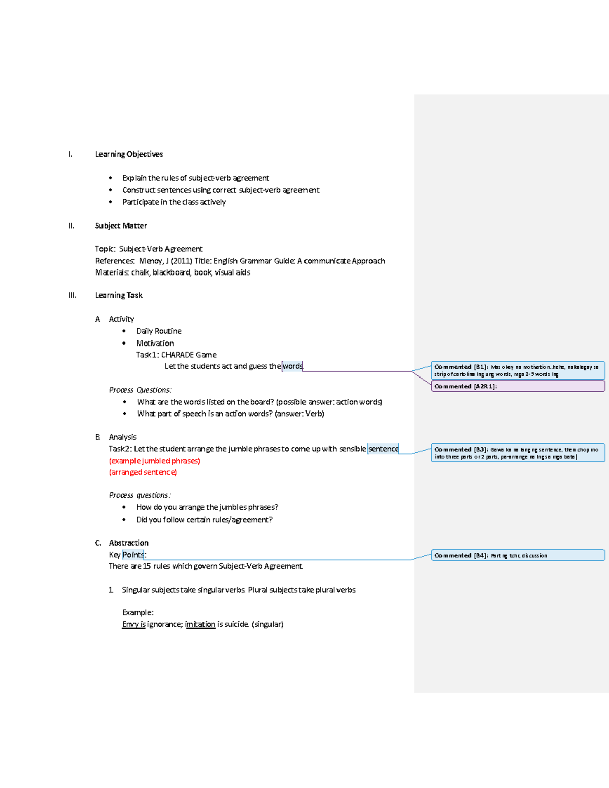 4a-lp Subject Verb Agreement - I. Learning Objectives Explain the rules ...
