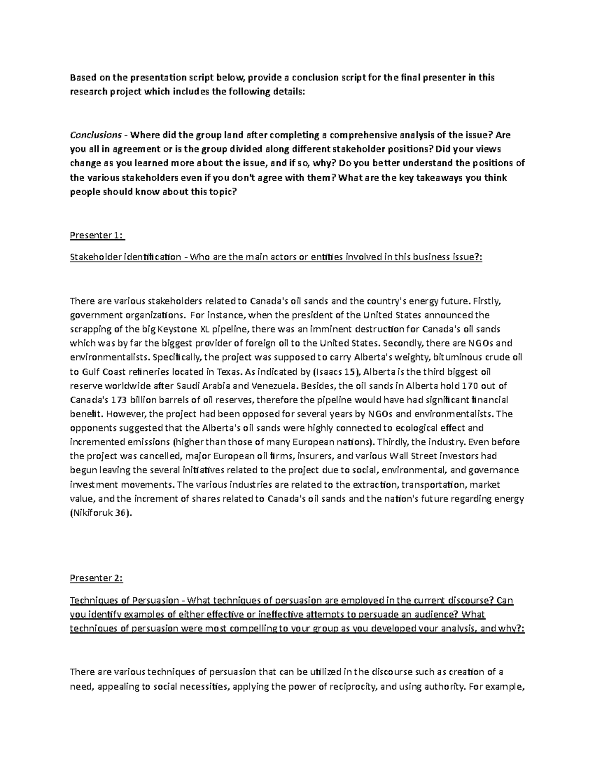 Oilsands - Based on the presentaƟon script below, provide a conclusion ...