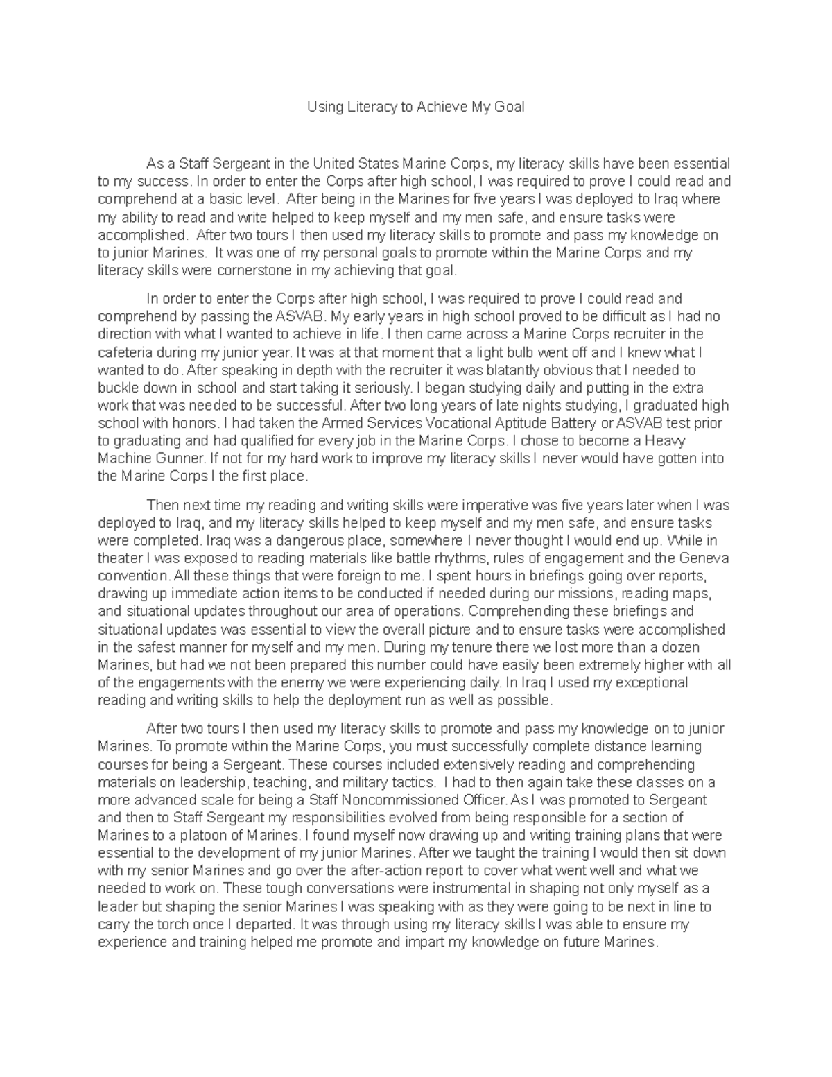 Eng. Comp I Task I - Eng. Comp I Task I - Using Literacy to Achieve My ...