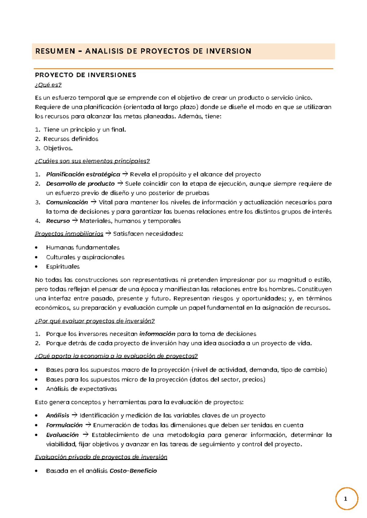 Resumen Final Analisis DE Pryectos DE Inversion - RESUMEN - ANALISIS DE ...