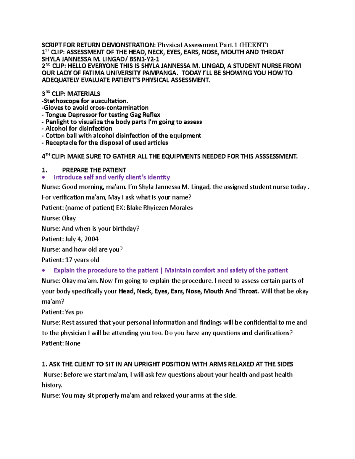 Return demo-physical-assessment - SCRIPT FOR RETURN DEMONSTRATION ...