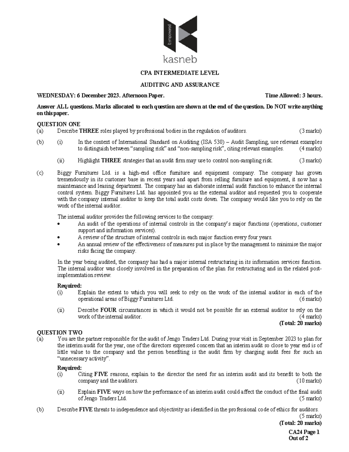 CA24 Auditing and Assurance - CA24 Page 1 Out of 2 CPA INTERMEDIATE ...