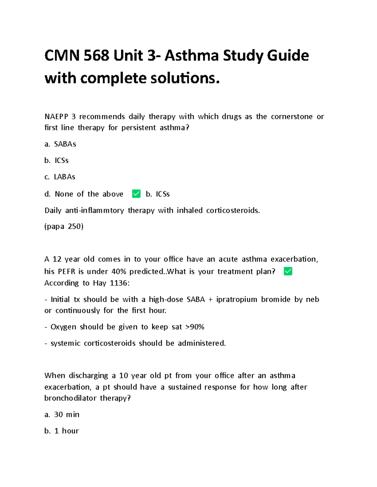 CMN 568 Unit 3- Asthma Study Guide with complete solutions - CMN_- 568 _-Unit_- 3 - - Studocu