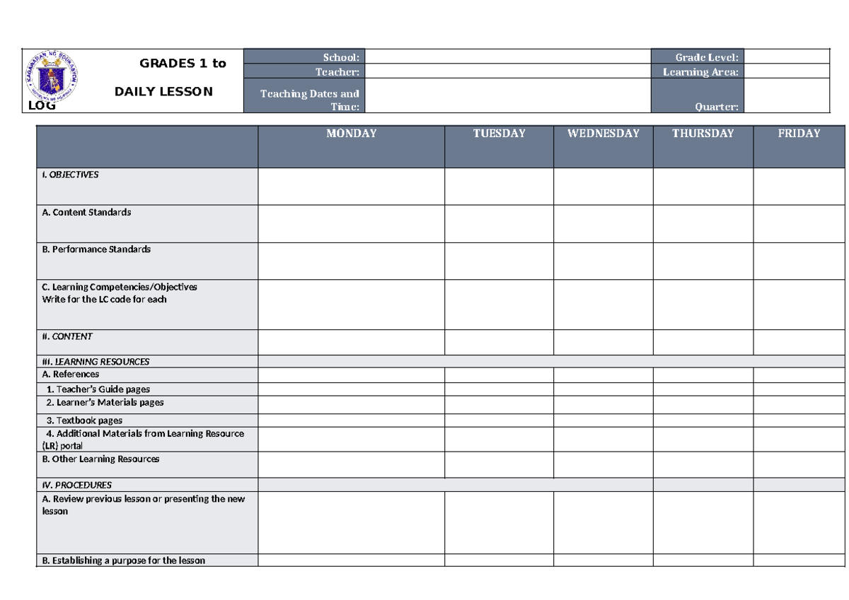 DLL- Template blank - It is an example of a leson plan - GRADES 1 to 12 ...