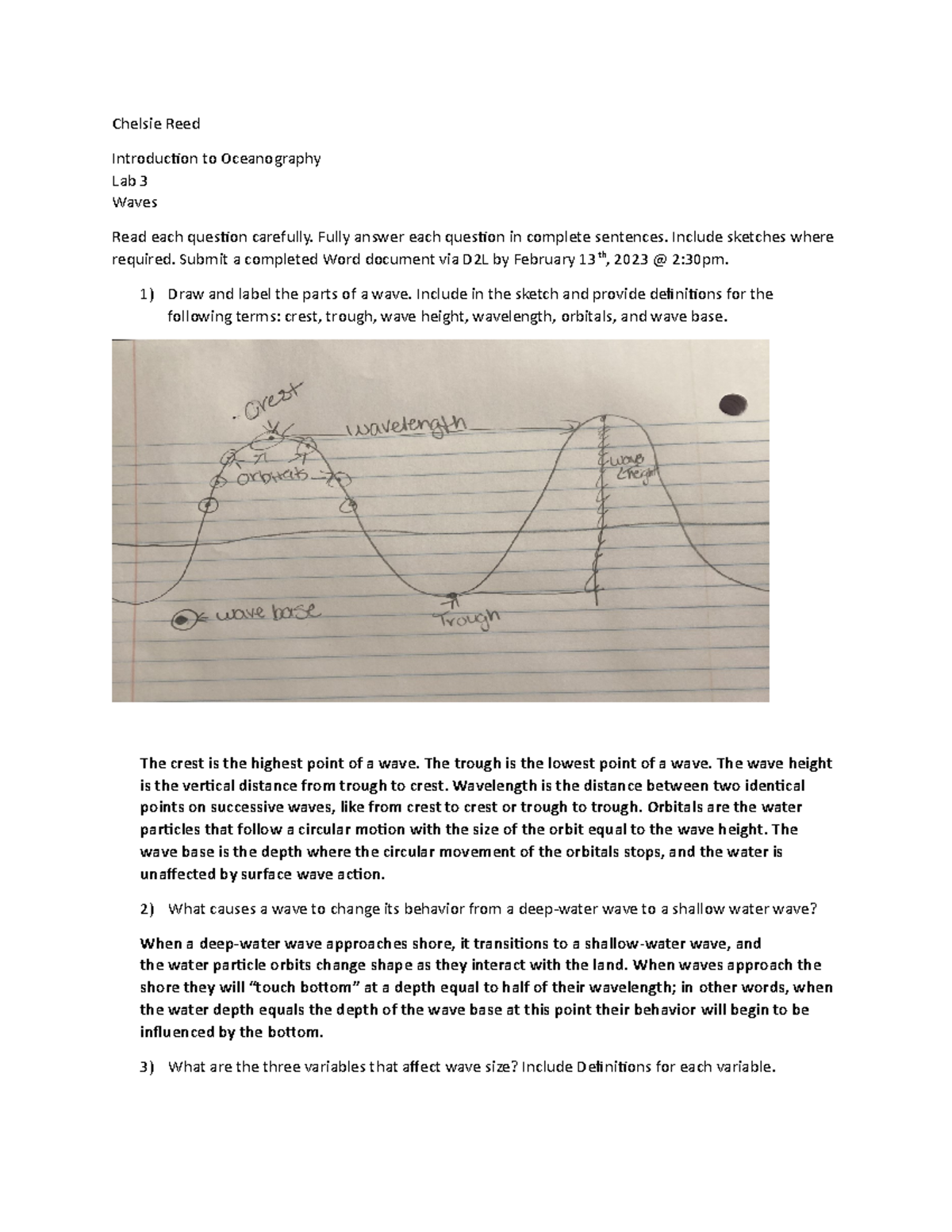 Lab 3 Waves Chelsie Reed - Chelsie Reed Introduction to Oceanography ...