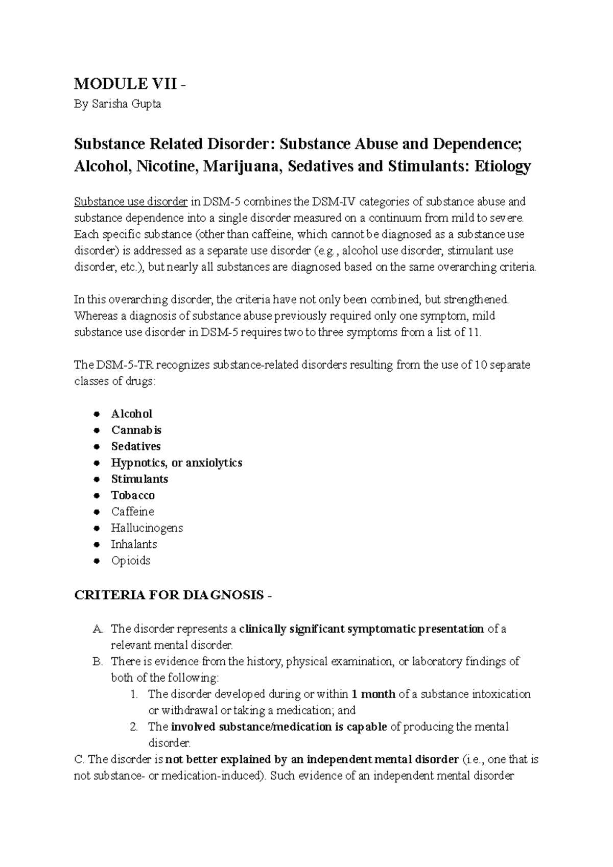 Module 7 - Abnormal Psychology - MODULE VII - By Sarisha Gupta Substance Related Disorder ...