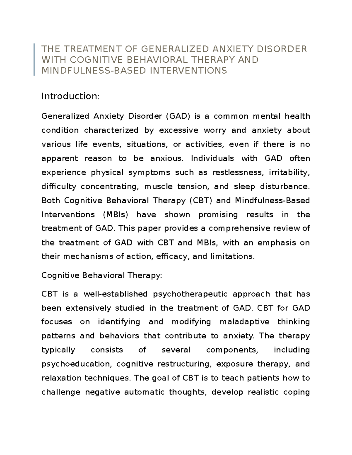 THE Treatment OF Generalized Anxiety Disorder WITH Cognitive Behavioral ...