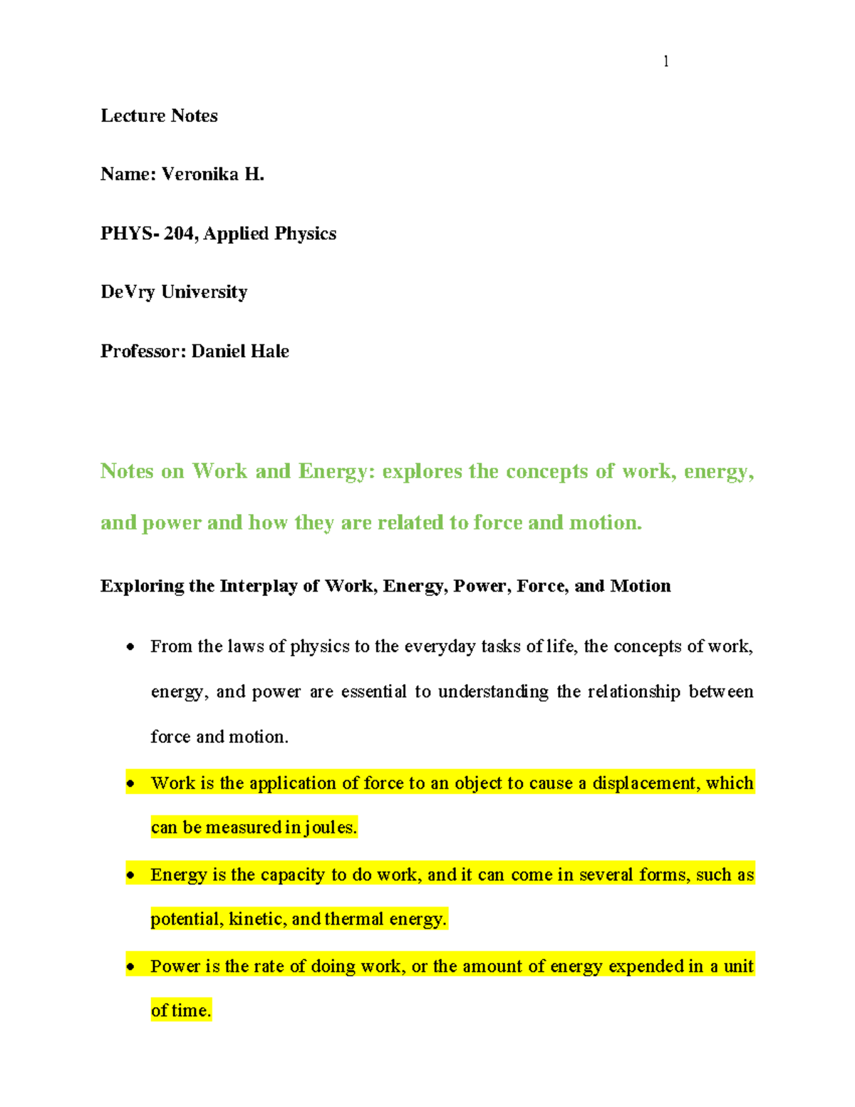 Notes on concepts of work, energy, and power - Lecture Notes Name ...