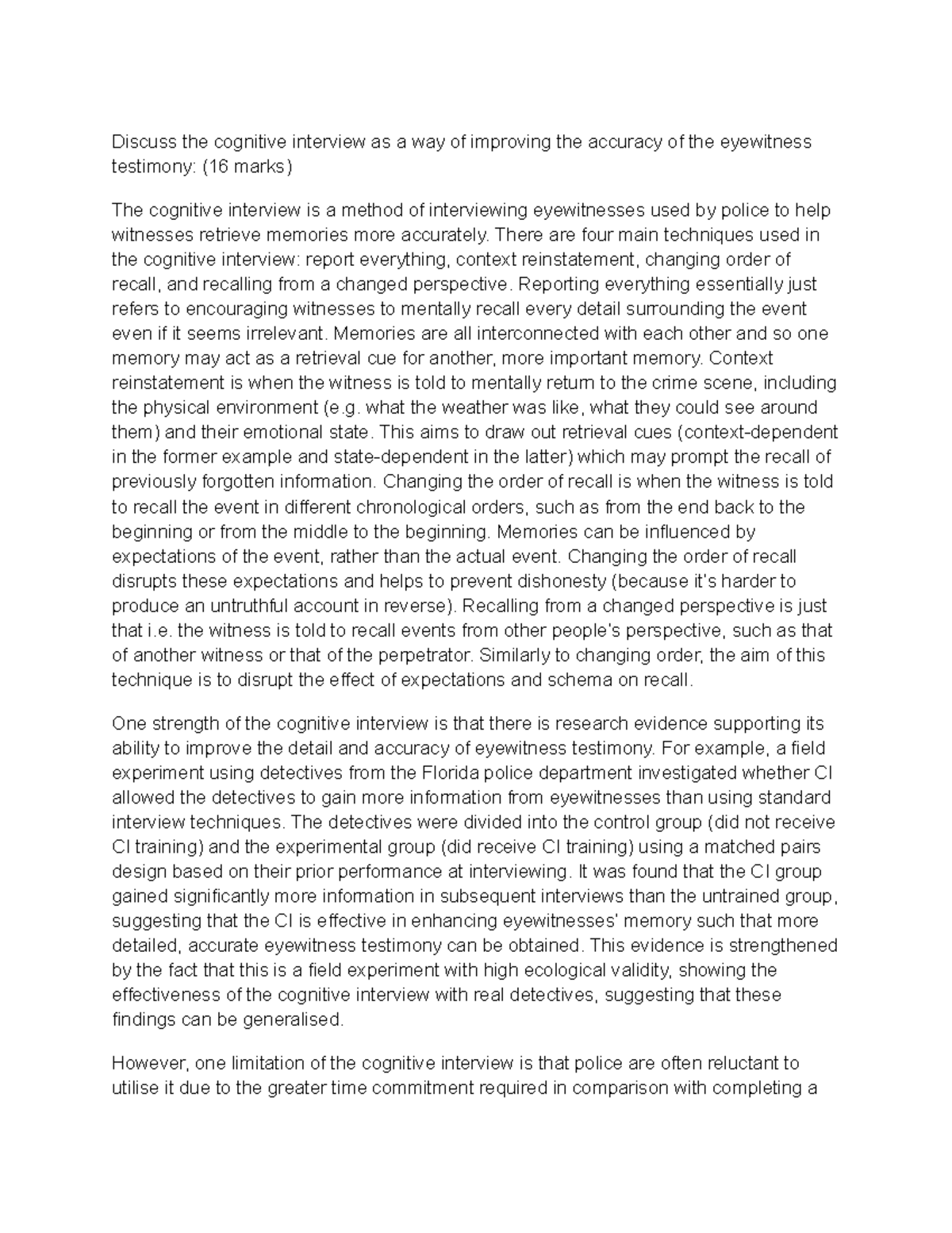 The cognitive interview - There are four main techniques used in the ...