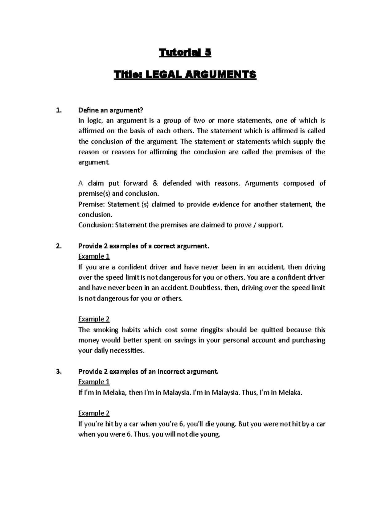 T5- Arguments tutorial - Tutorial 5 Title: LEGAL ARGUMENTS Define an ...