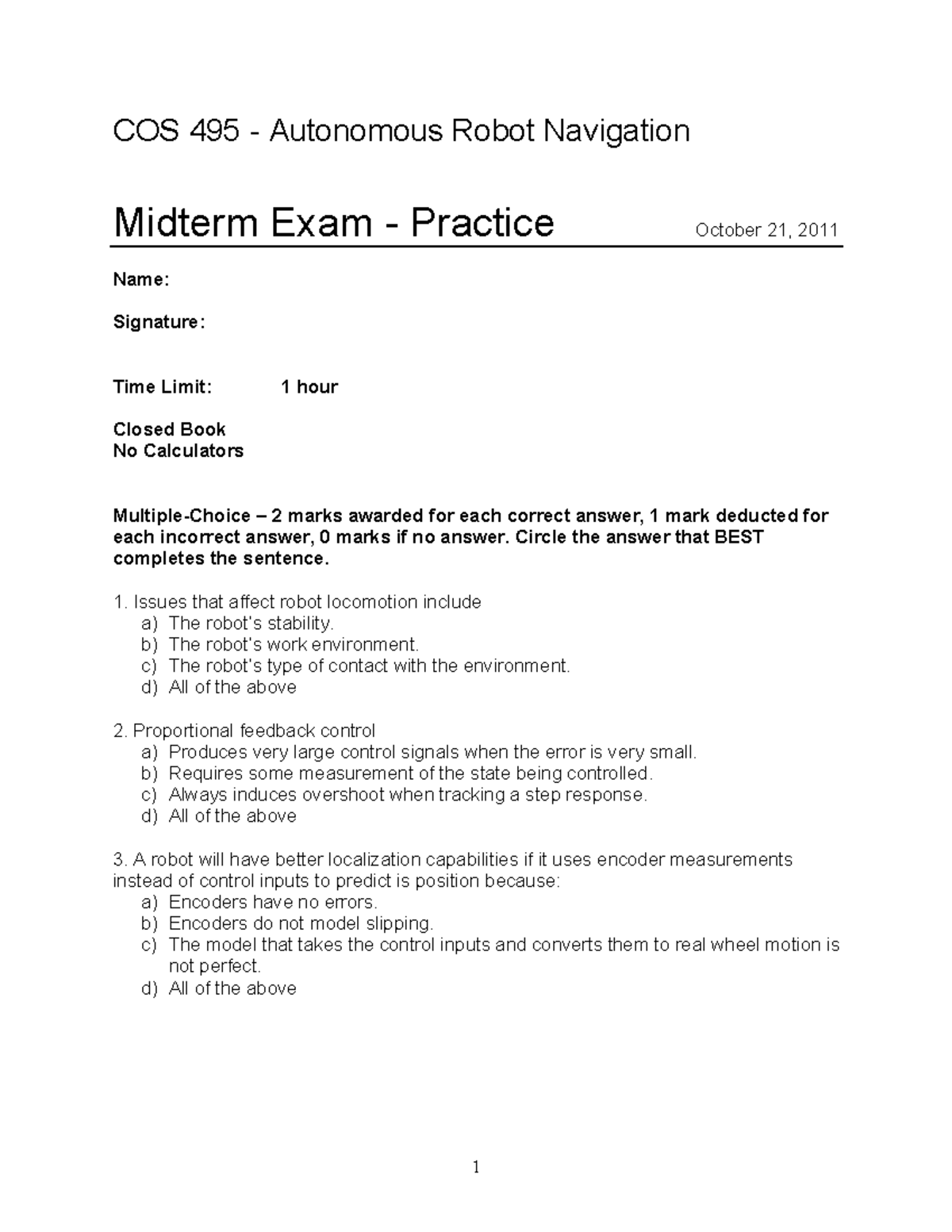Sample/practice exam 2011, questions - Practice Mid-Term Examination - COS 495 Autonomous Robot ...