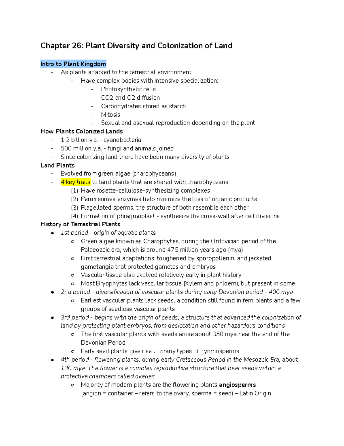 Biology 2 Midterm - Chapter 26: Plant Diversity and Colonization of ...