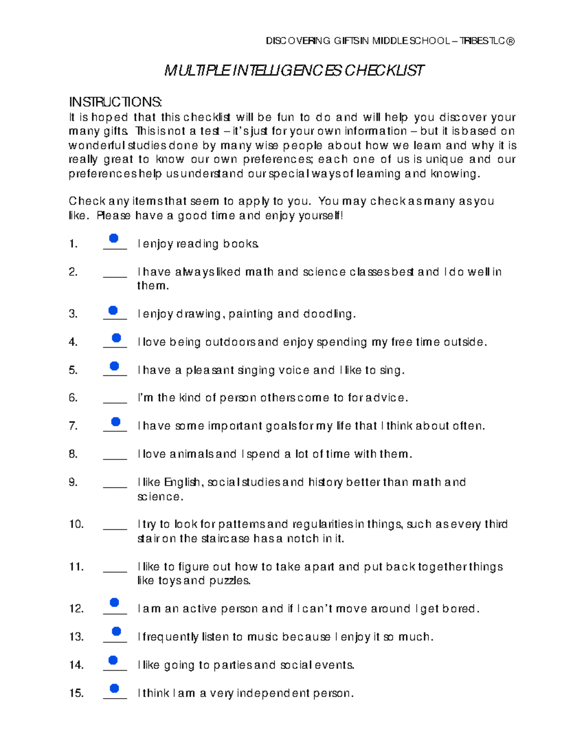 Multiple Intelligences Checklist - M ULTIPLE INTELLIG ENC ES C HEC ...