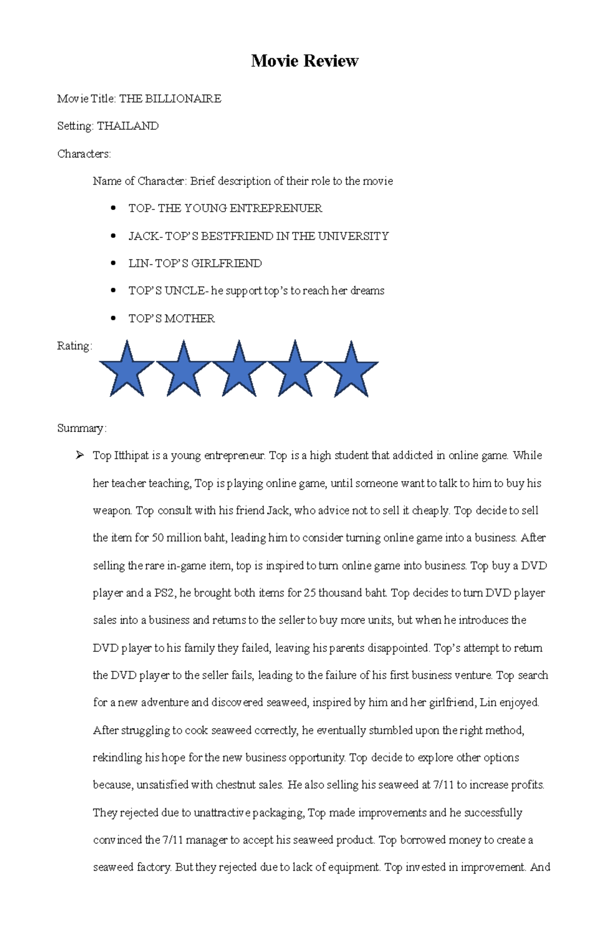 Template - Movie Review - Movie Review Movie Title: THE BILLIONAIRE ...