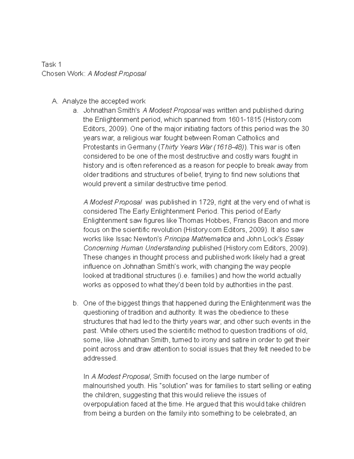 C100 Task - Passed - Task 1 Chosen Work: A Modest Proposal A. Analyze ...