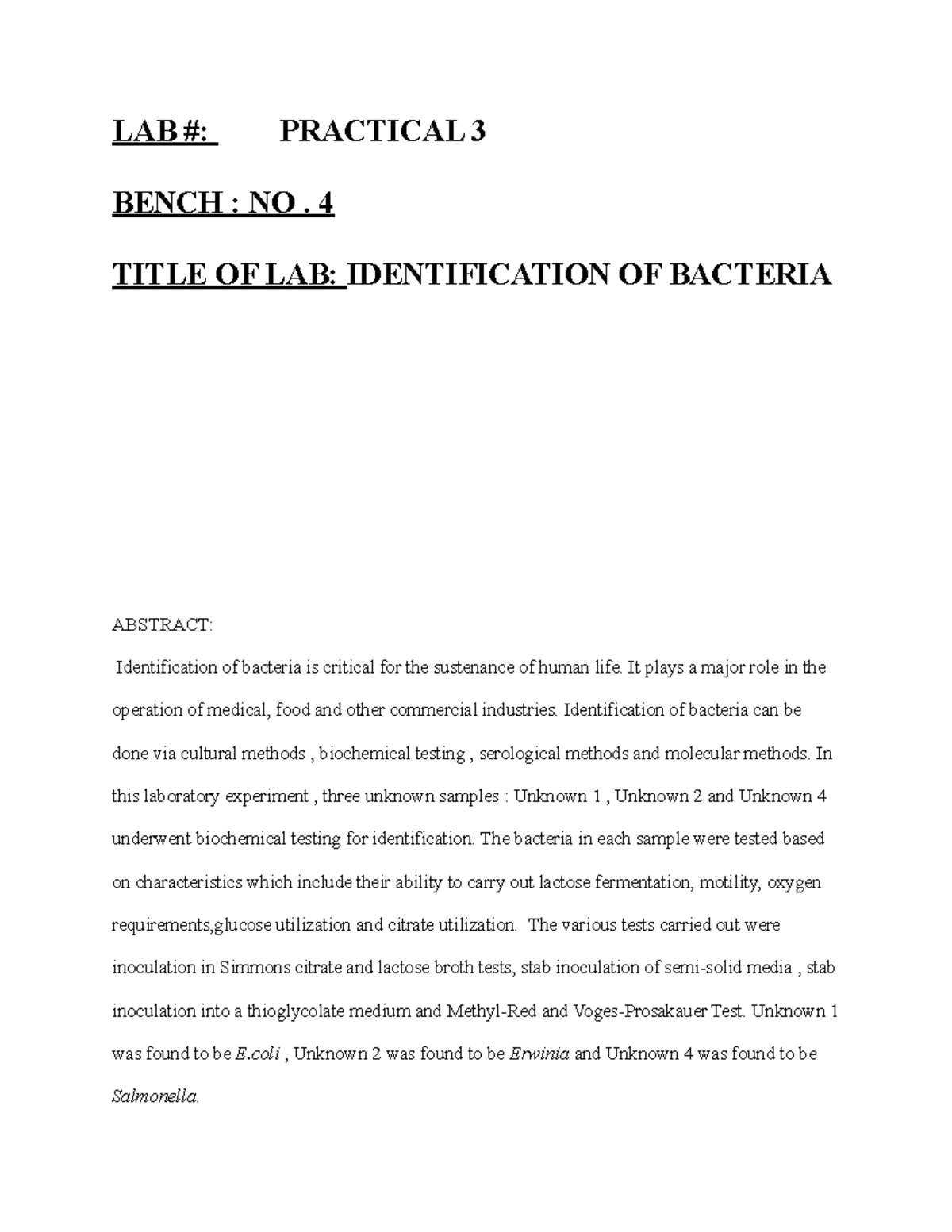 Micro B Lab 2 Worksheet LAB PRACTICAL 3 BENCH NO 4 TITLE OF