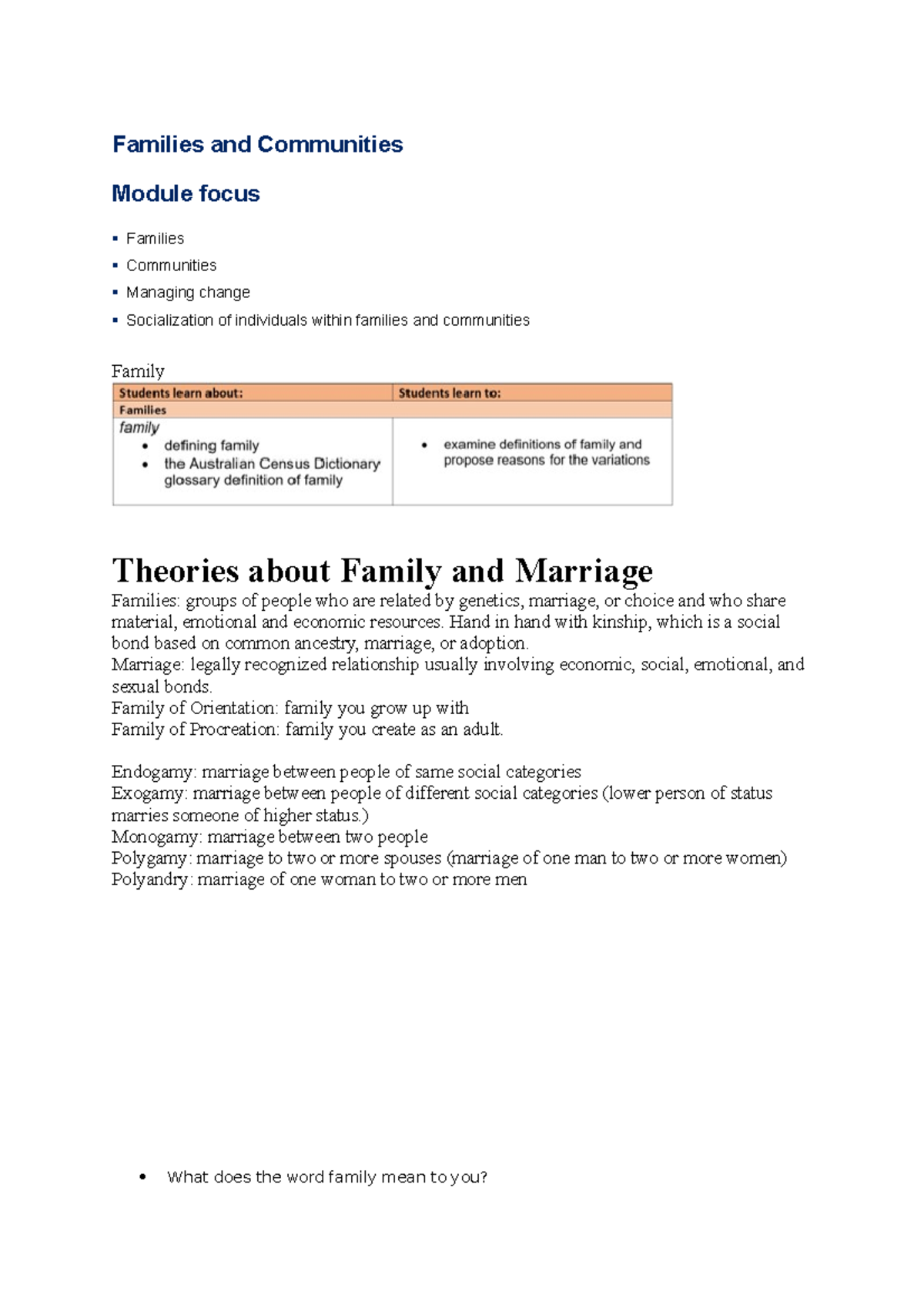 Families and Communities - Families and Communities Module focus ...