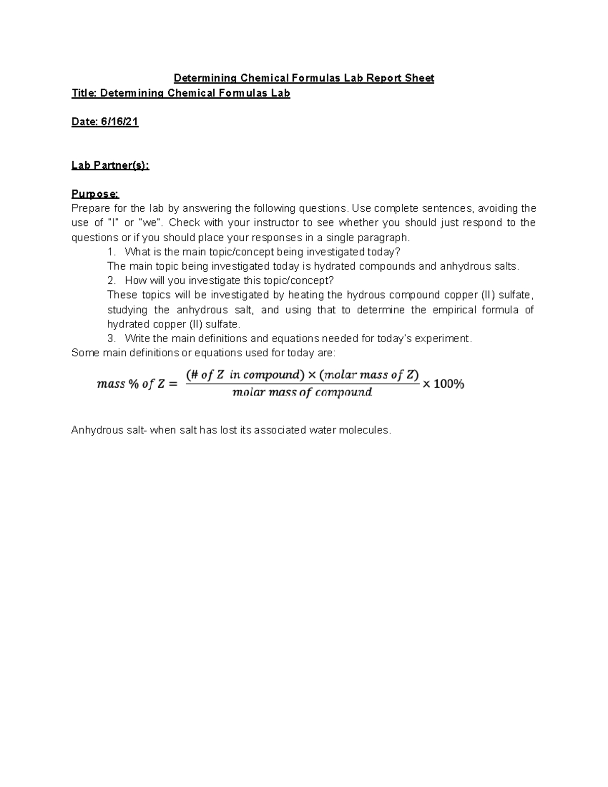 Determining Chemical Formulas Lab Report - Studocu