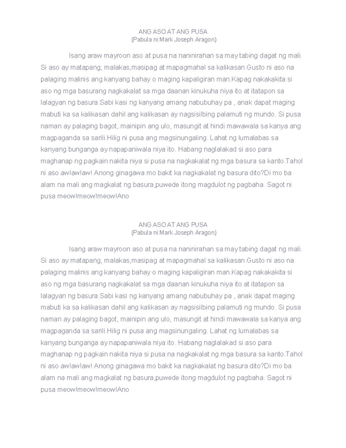 ANG ASO AT ANG PUSA - n/a - ANG ASO AT ANG PUSA (Pabula ni:Mark Joseph ...