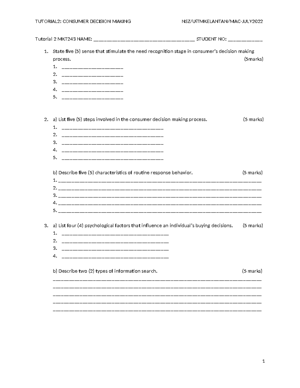 Tutorial 2 MKT243 mac2023 - Tutorial 2 MKT243 NAME