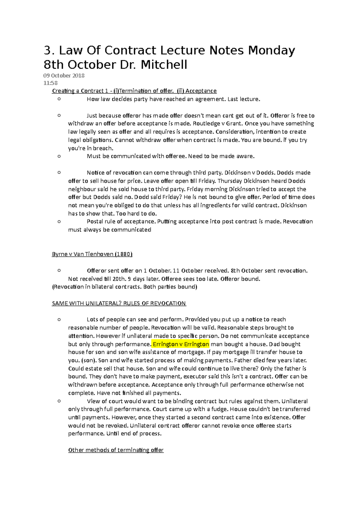 Lecture 3 Notes Contract Termination Offer and Acceptance - 3. Law Of ...