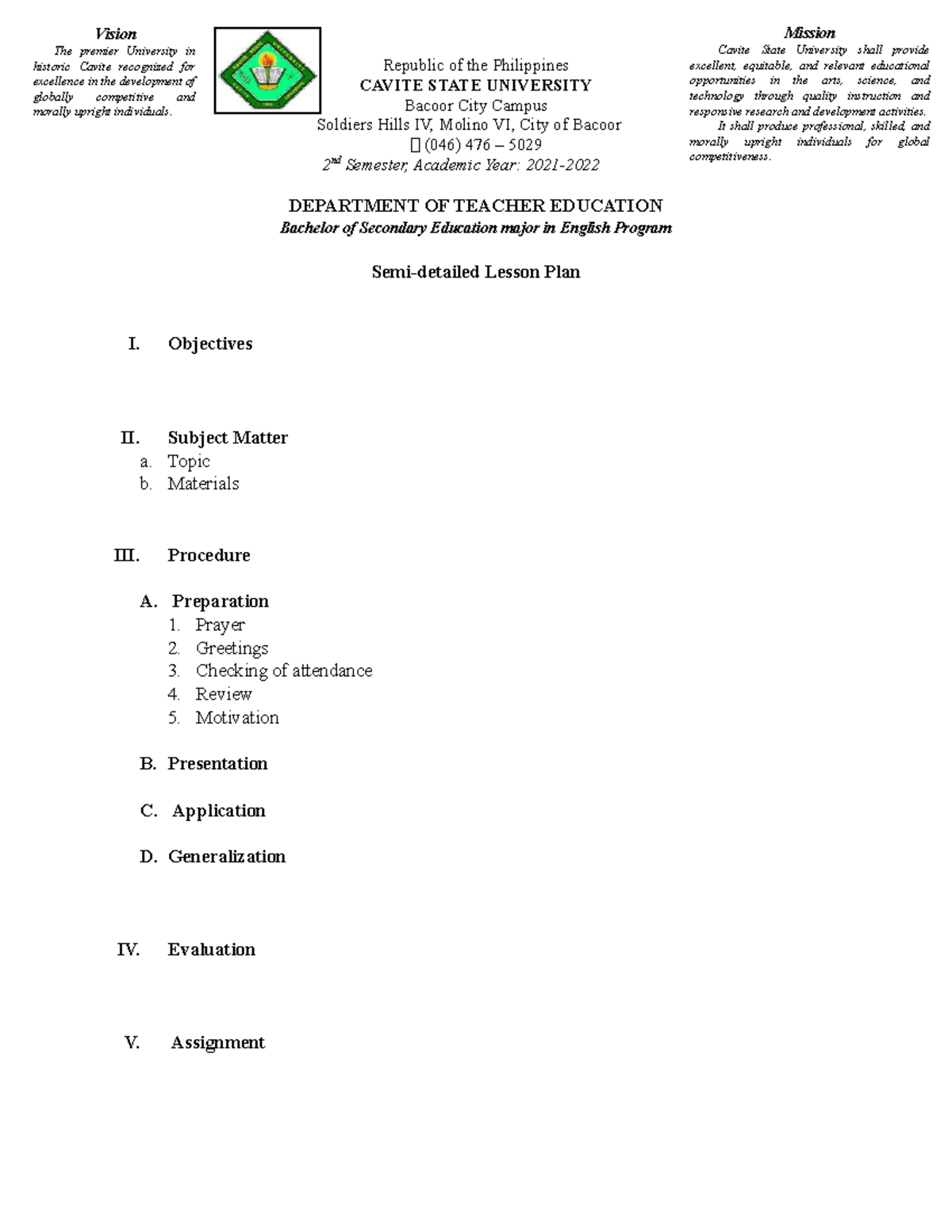 Semi detailed Lesson Plan Format - Republic of the Philippines CAVITE ...