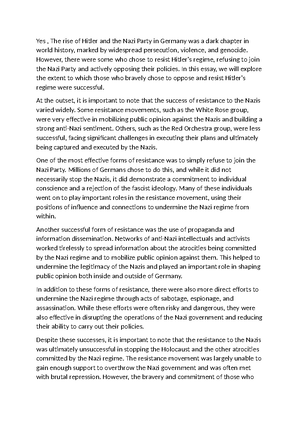 History Essay 2 - who chose to resist Hitler's regime, refusing to join ...