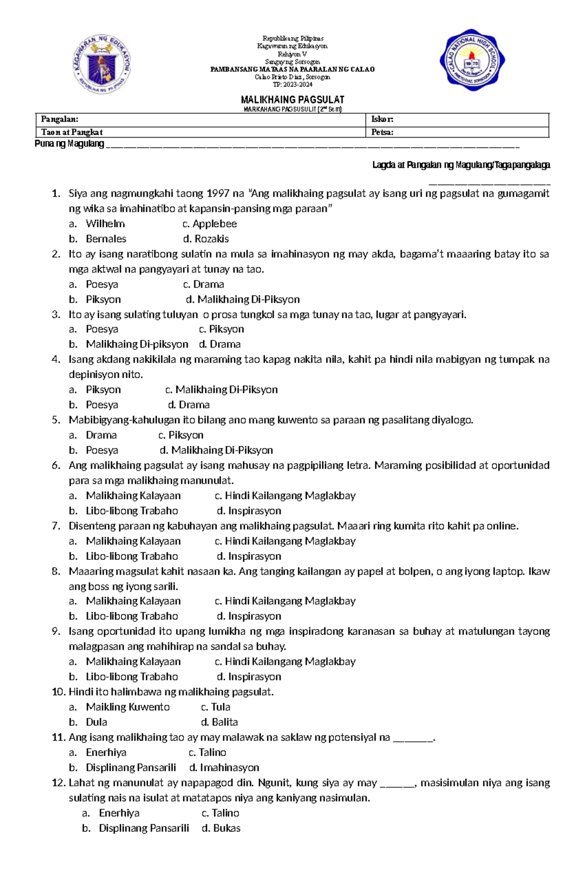 Midterm EXAM ( Malikhaing Pagsulat) - Republika ng Pilipinas Kagawaran ...