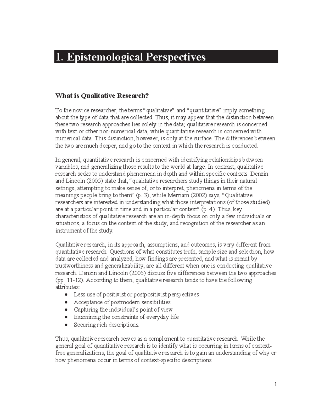 Qualitative research p1 - 1. Epistemological Perspectives What is ...