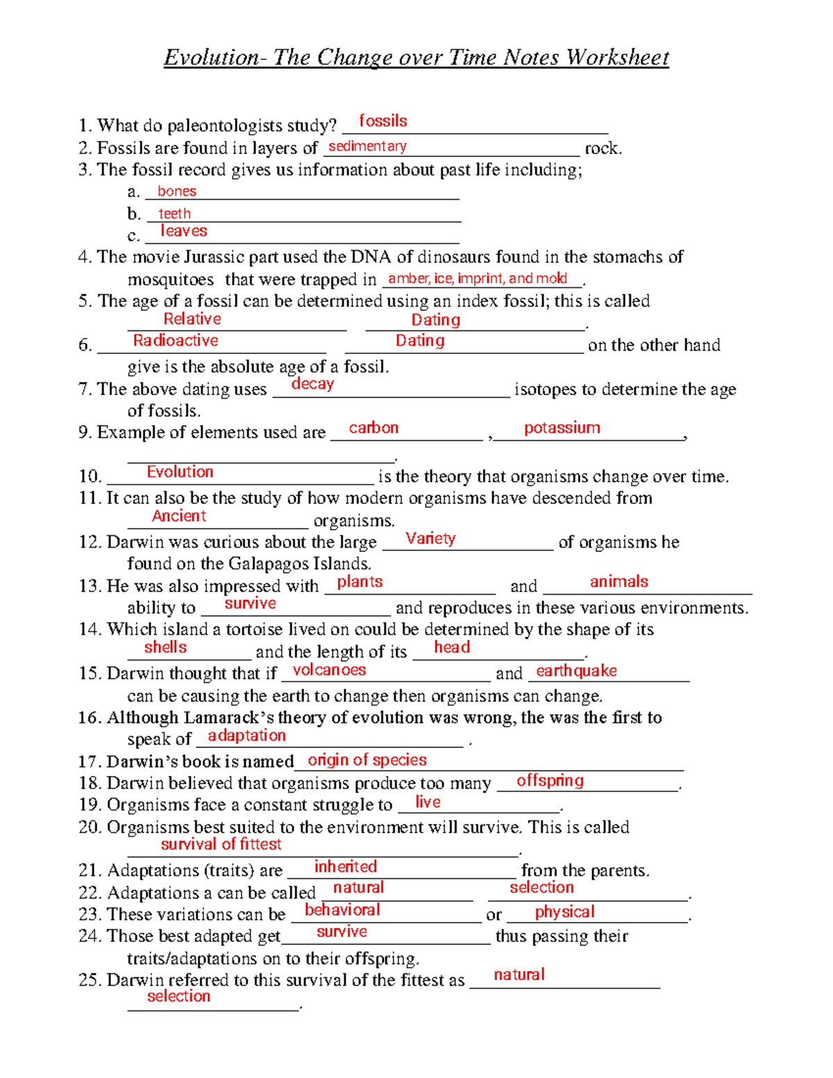 Kami Export - Student Evolution notes worksheet - Evolution- The Change ...