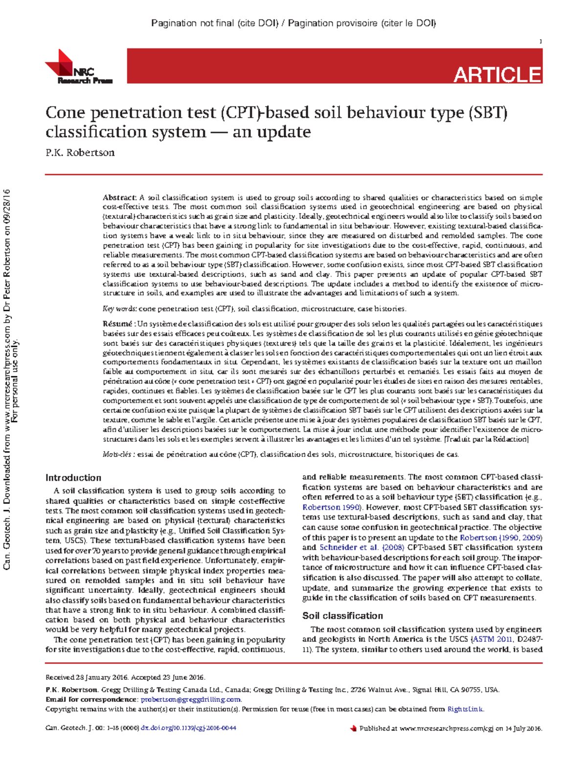 Robertson Updated SBT CGJ 2016 - ARTICLE Cone penetration test (CPT ...
