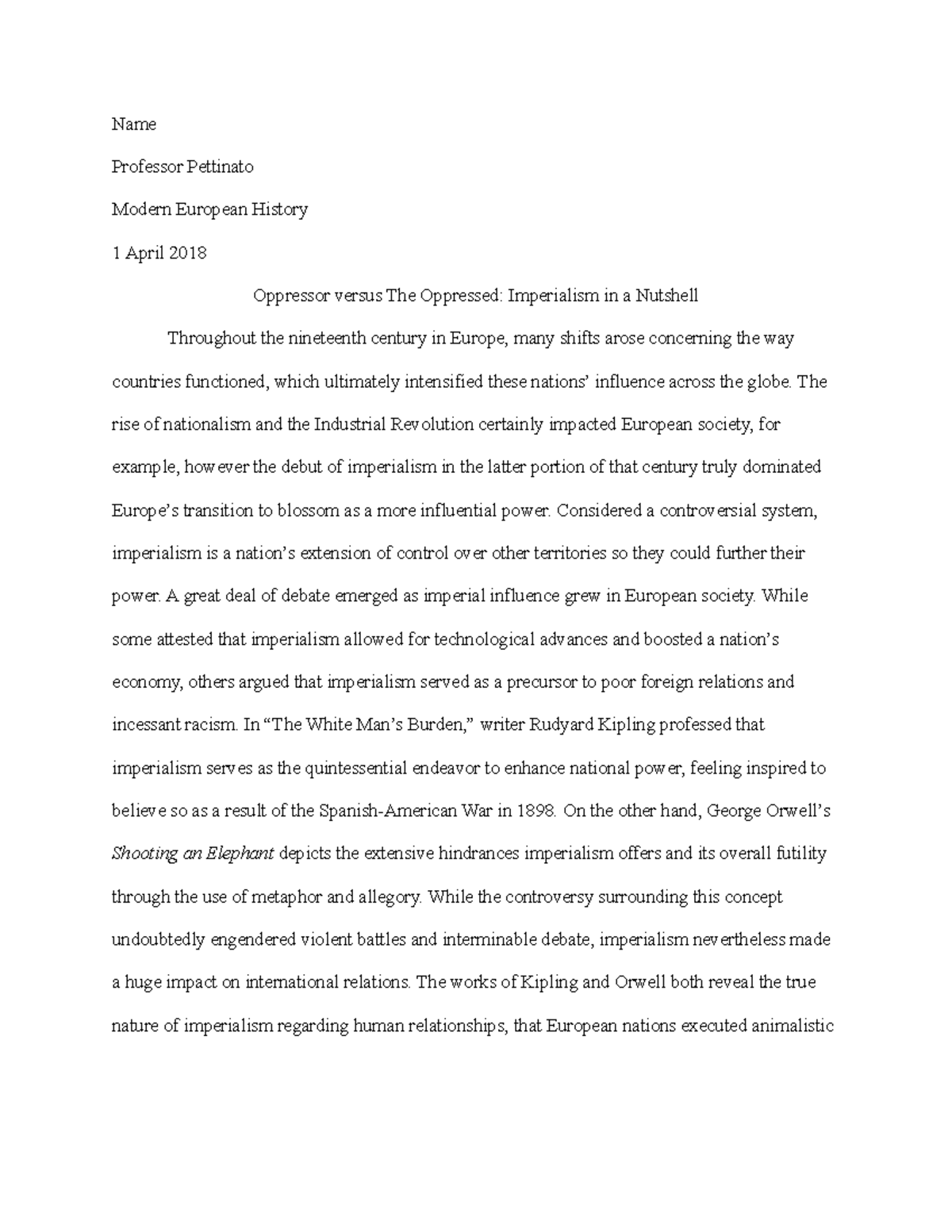 Imperialism - Grade: A- Name Professor Pettinato Modern European ...