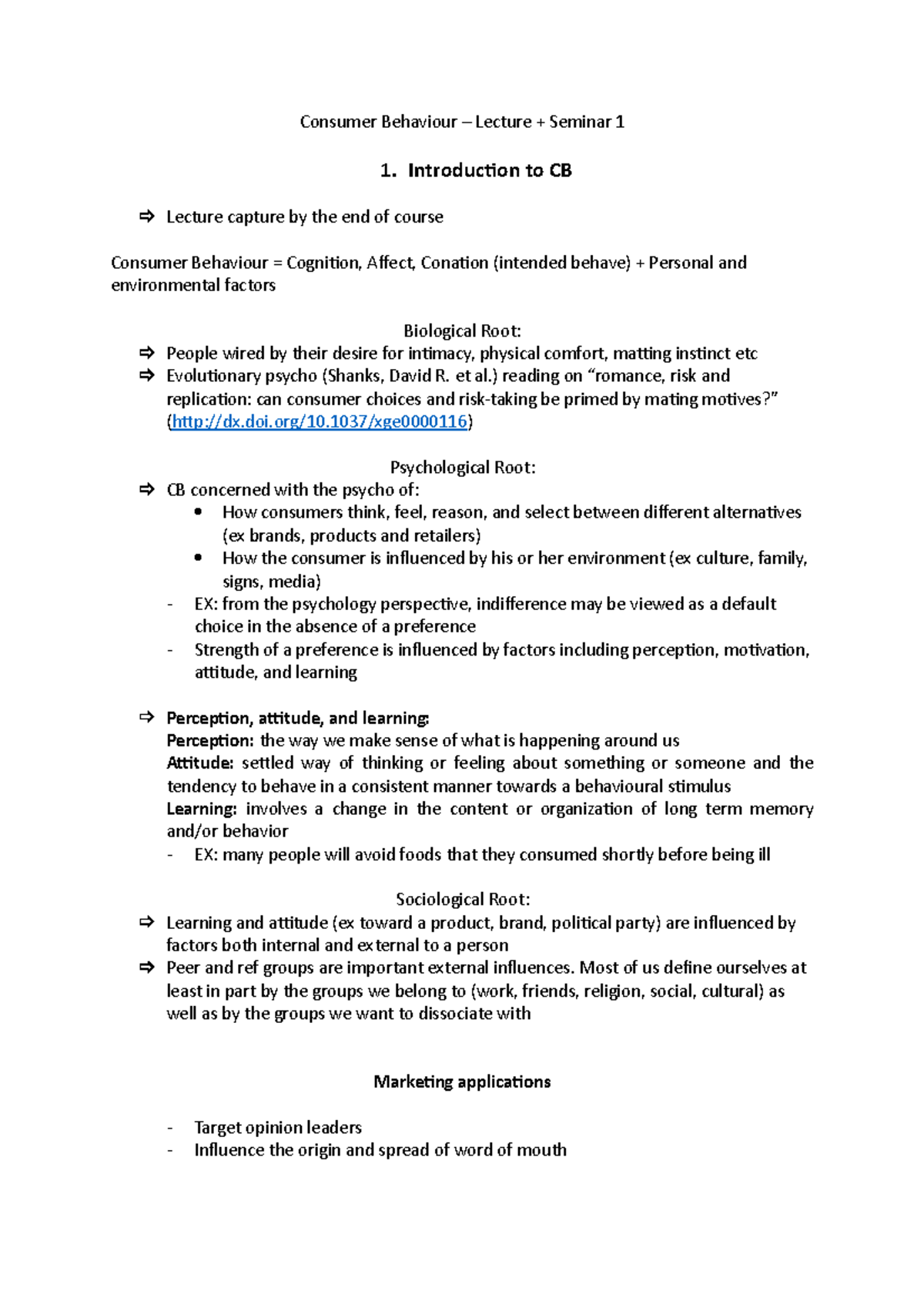 Lecture one notes - Consumer Behaviour – Lecture + Seminar 1 1 ...
